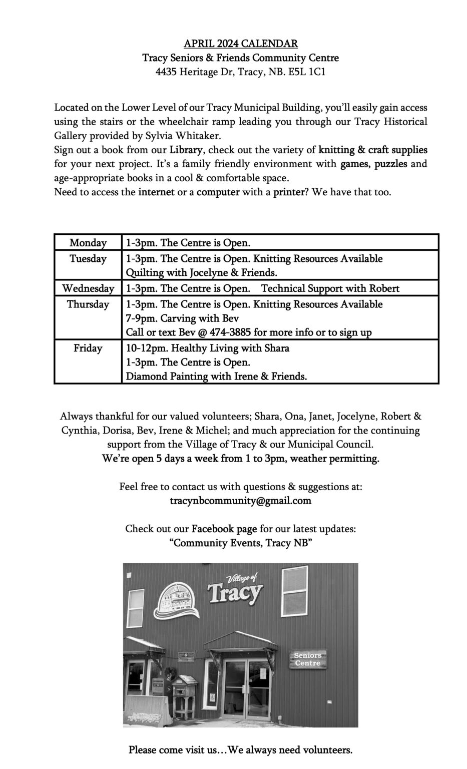 Tracy Seniors & Friends Community Centre – Village of Fredericton Junction